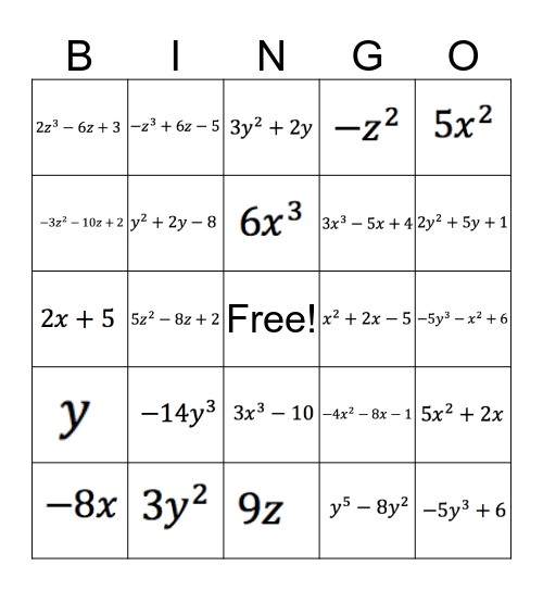 Polynomial Bingo Card