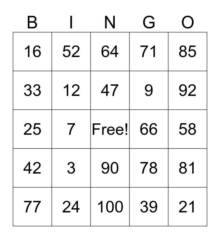 Number Bingo 1-100 Bingo Card
