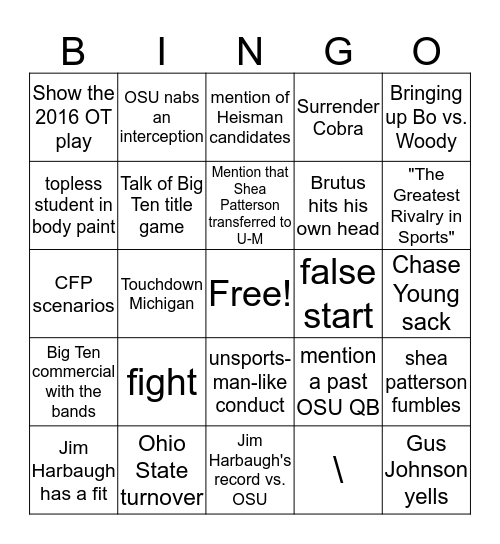 Michigan vs. Ohio State BINGO! Bingo Card