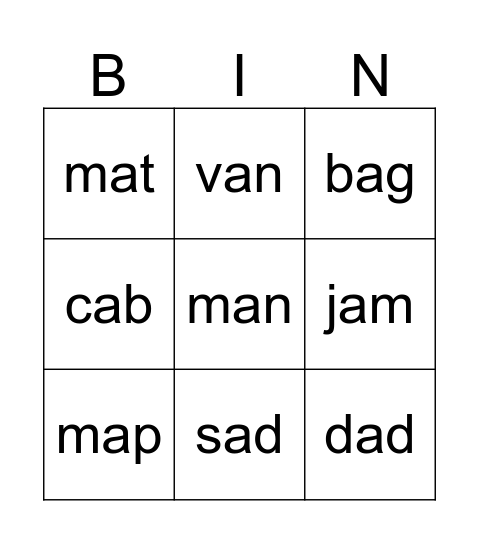 Short A Bingo Card