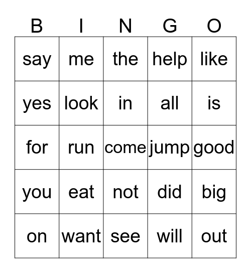 Site Word Bingo Card