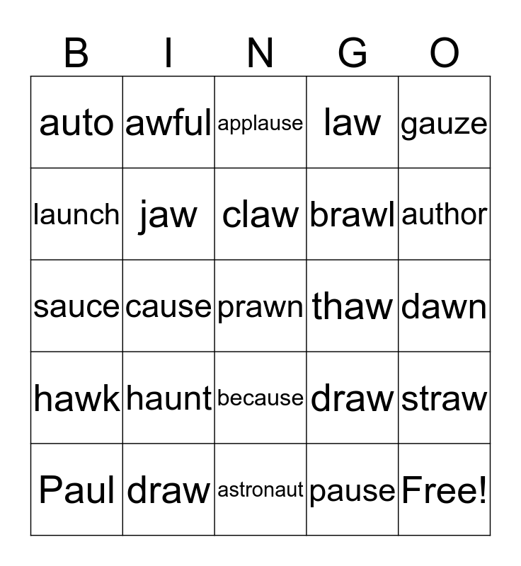 aw/au words bingo Card