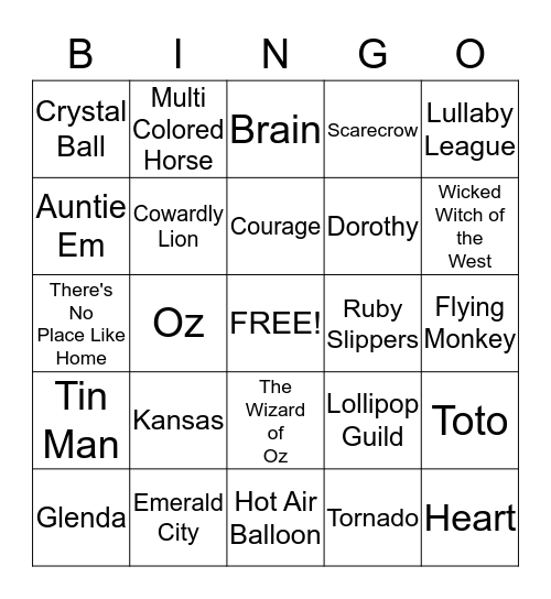 The Wizard Of Oz Bingo Card