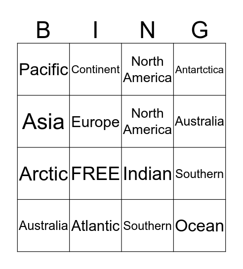 Continents and Oceans Bingo Card
