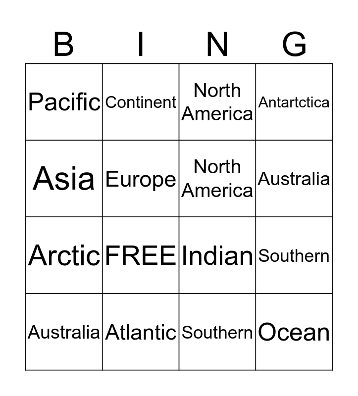 Continents and Oceans Bingo Card
