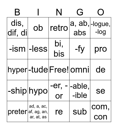 Prefixes & Suffixes Bingo Card