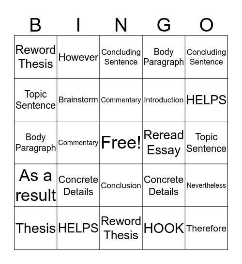 EOC Blitz Essay Review Bingo Card