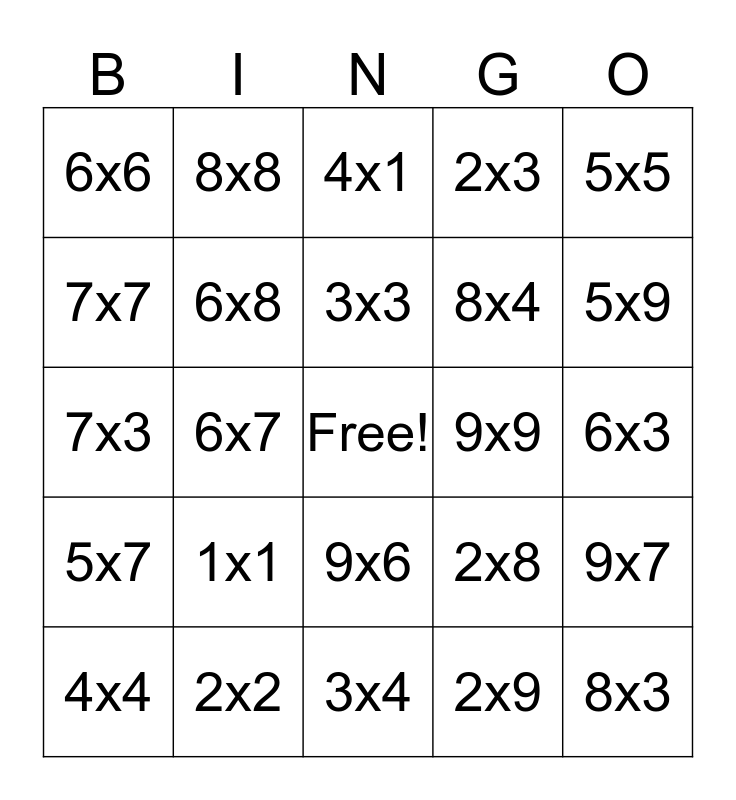 Multiplication BINGO 1-9 Bingo Card