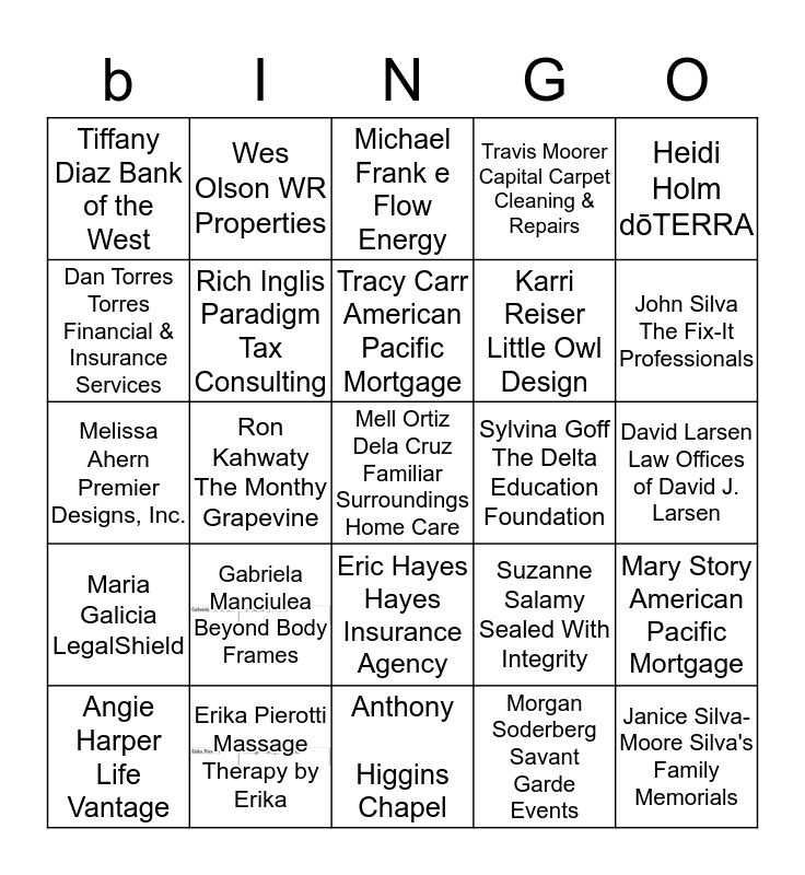 One-on-One Networking Bingo Card