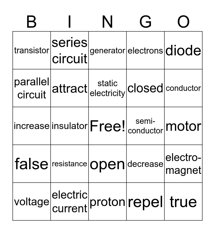 Electricity Bingo Card