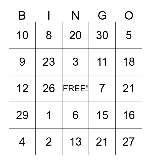 numbers 1 - 30 Bingo Card