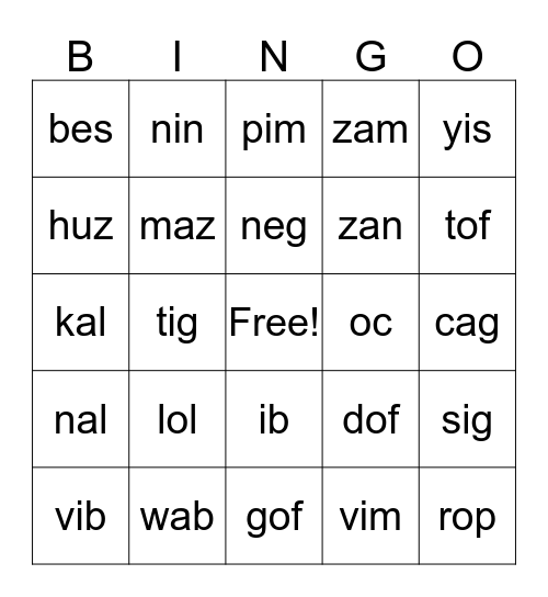 Nonsense Word Bingo Card