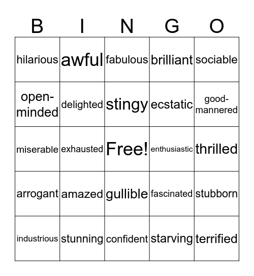 Descriptive Adjectives: Personality Bingo Card
