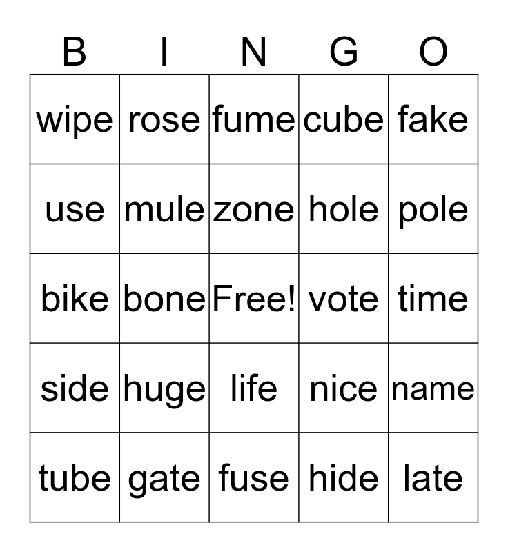 Silent E Bingo Card