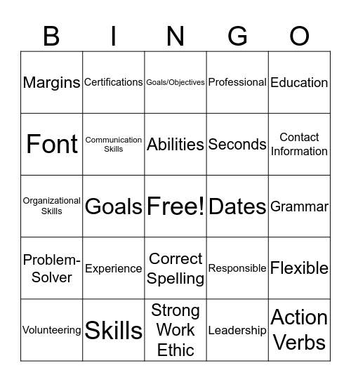 Resume Bingo! Bingo Card