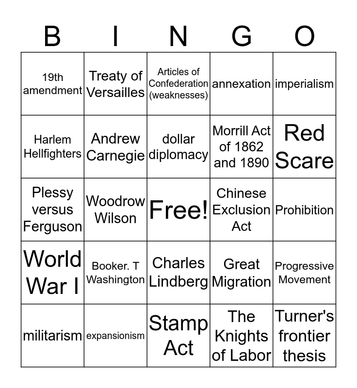 Semester Exam Review Bingo Card