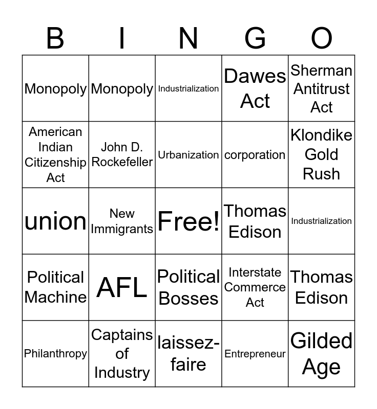 Gilded Age Bingo Card