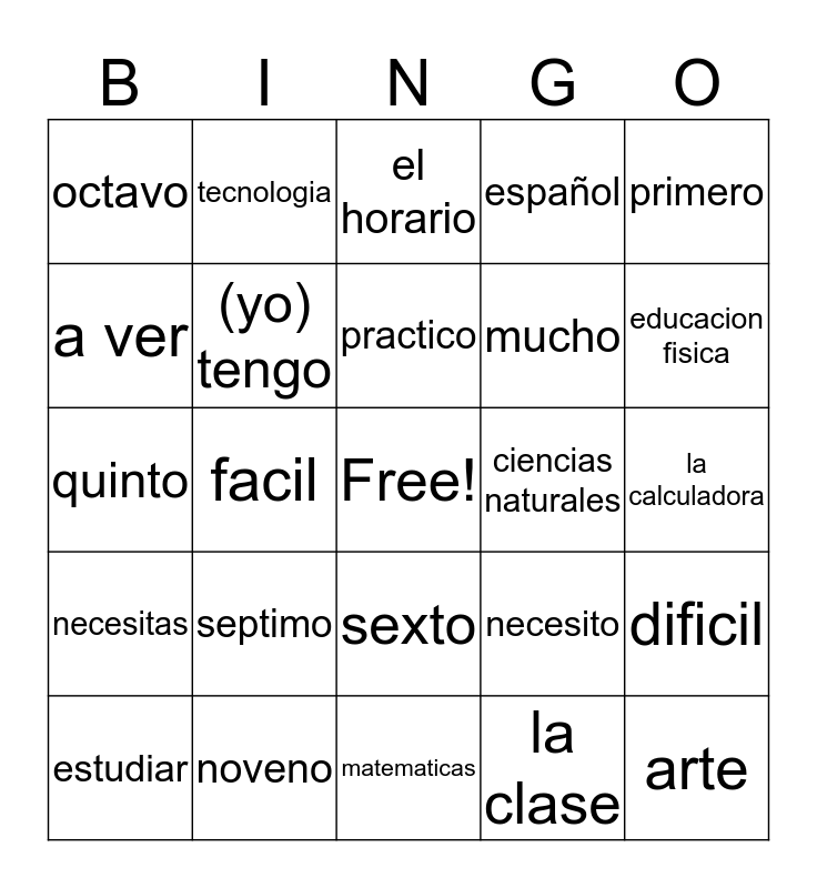 Realidades 2A Vocabulary Bingo Card