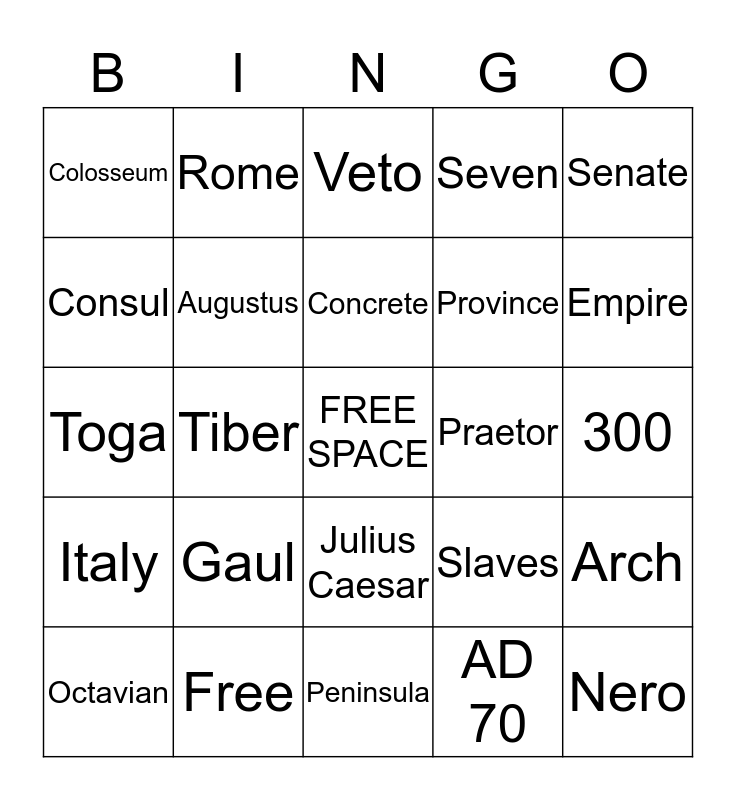 Ancient Rome Bingo Card