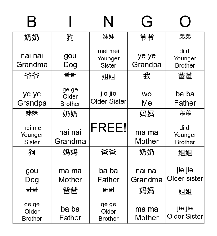 Family Members Bingo Card
