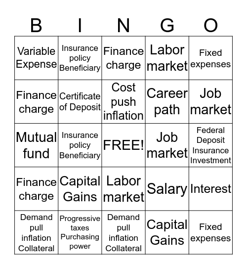 Personal Finance Bingo Card