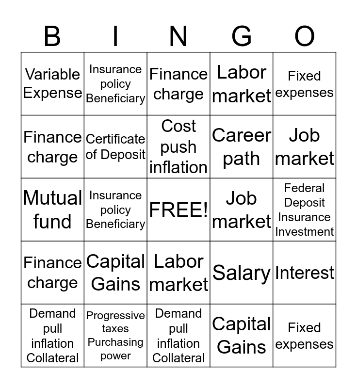 Personal Finance Bingo Card