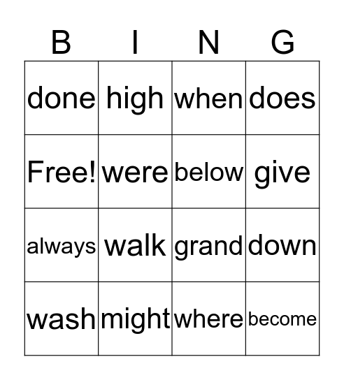 Word Wall Word Bingo Card