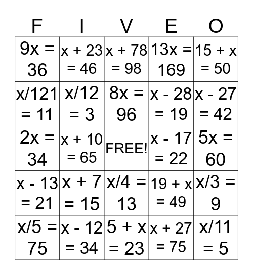 One-Step Equations Bingo Card