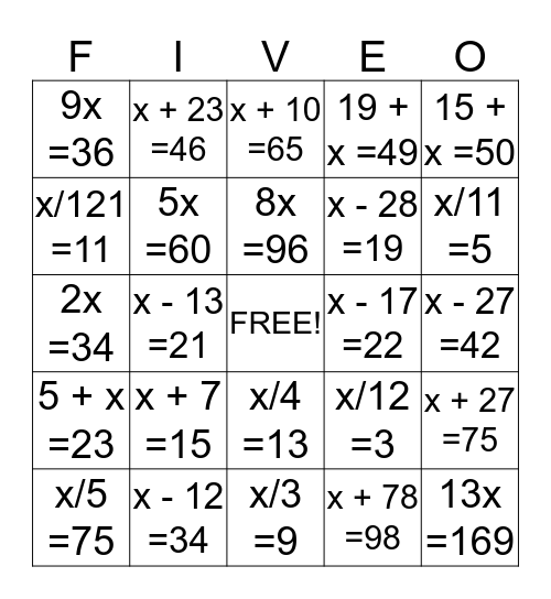 One-Step Equations Bingo Card