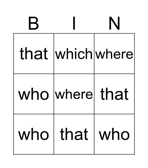 relative clauses Bingo Card