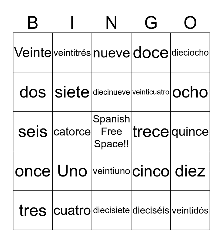 Spanish Bingo! Bingo Card
