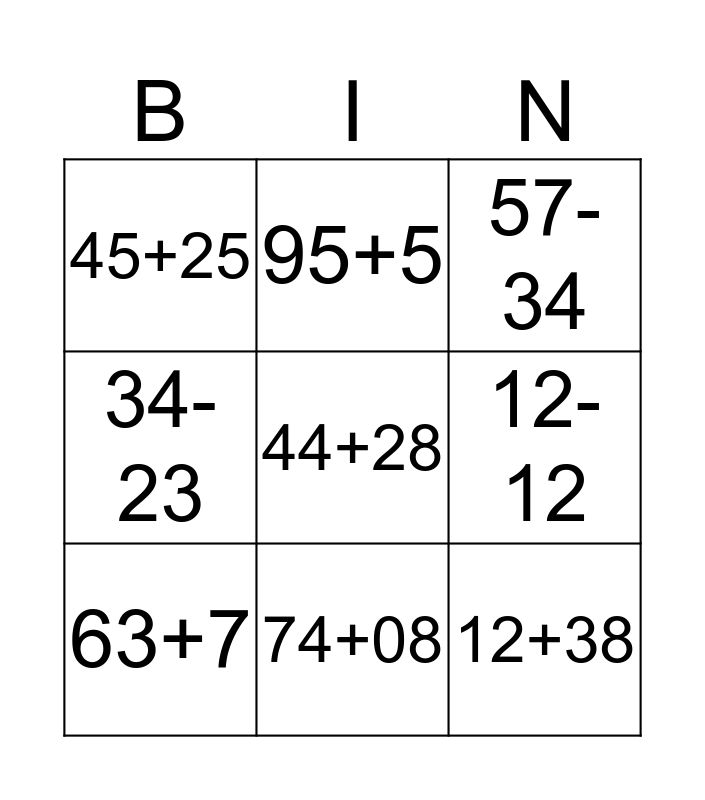 2G Math Tic Tac Toe Bingo Card