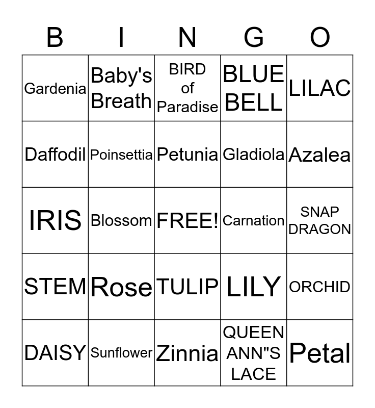 FLOWER Bingo Card