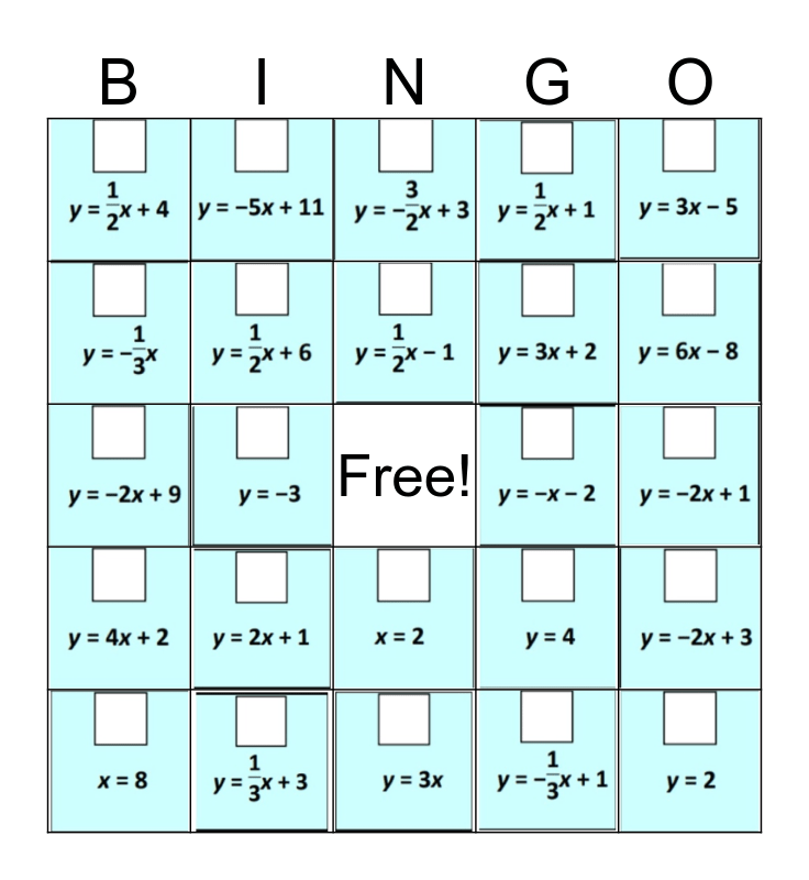 Equations of Lines Bingo!! Bingo Card