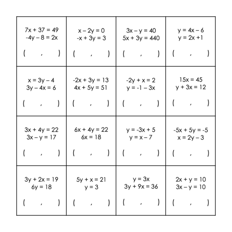 Linear Systems Bingo Card