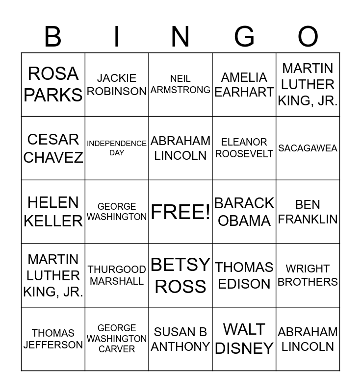FAMOUS AMERICANS BINGO Card