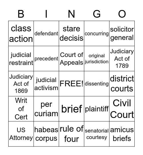 Judicial Bingo Card