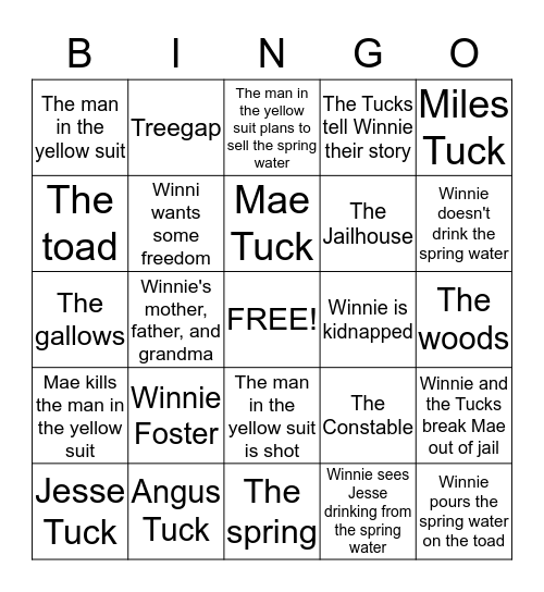 Tuck Everlasting Bingo Card