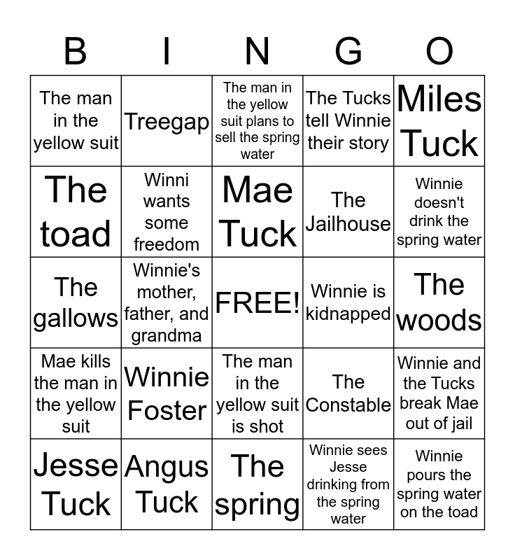 Tuck Everlasting Bingo Card