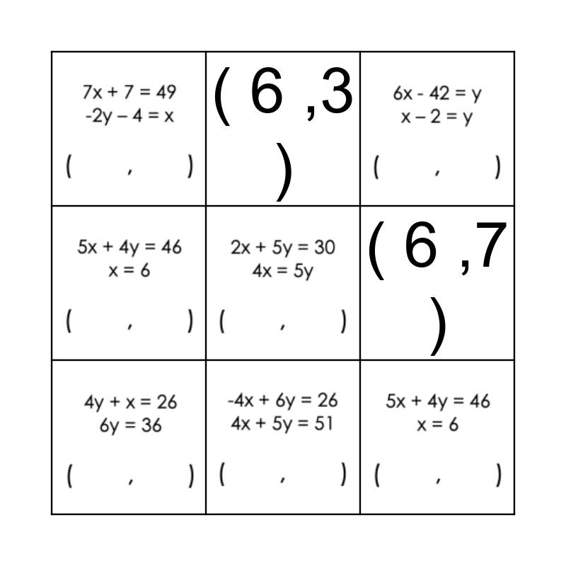Substitution Bingo Card
