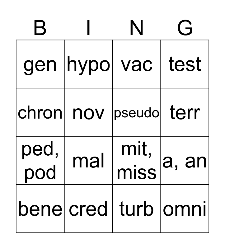 10A Root Words Bingo Card