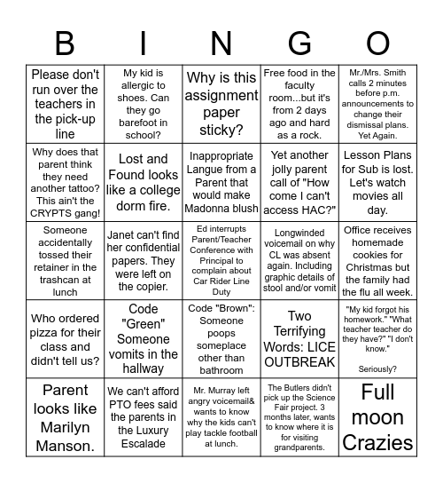 Front Office Bingo Card