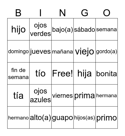 Spanish Review 1 Fall Semester Bingo Card