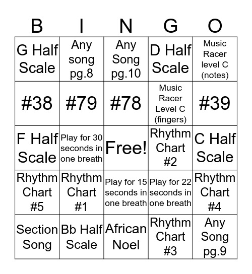 BEGINNER BAND BINGO Card