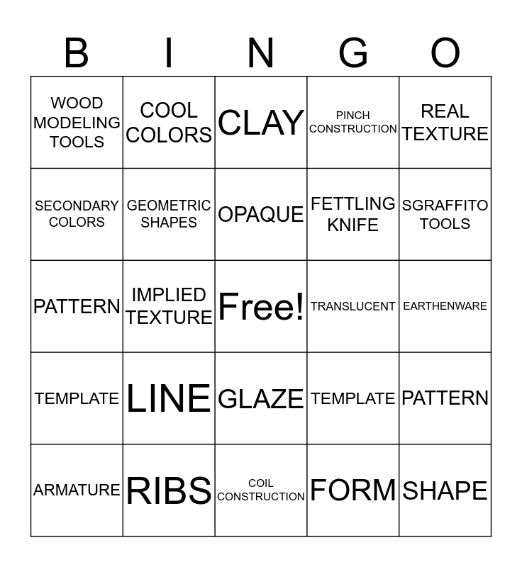 CERAMIC VOCABULARY SEMESTER 1 Bingo Card