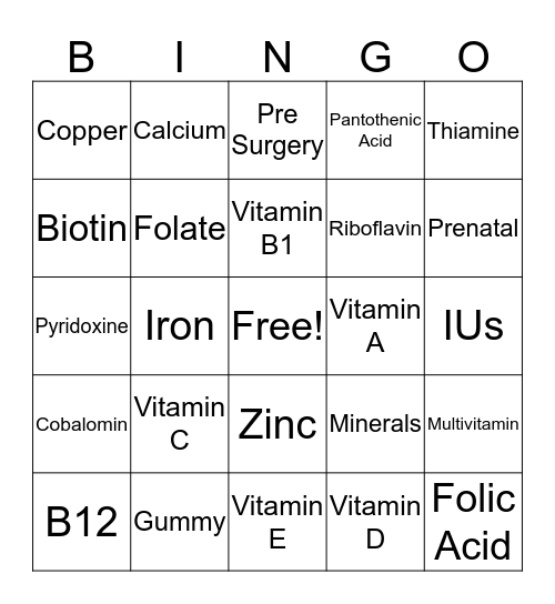Learning About Vitamins Bingo Card