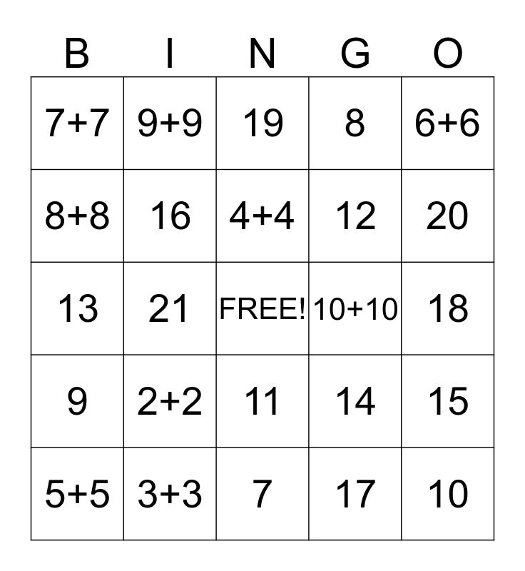 Doubles Practice BINGO Card
