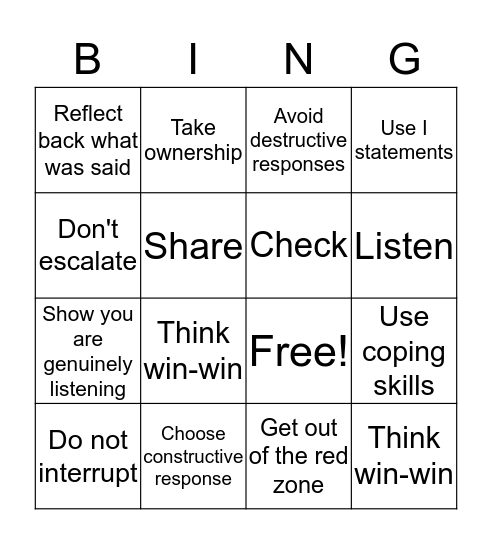 Conflict Resolution Bingo Card