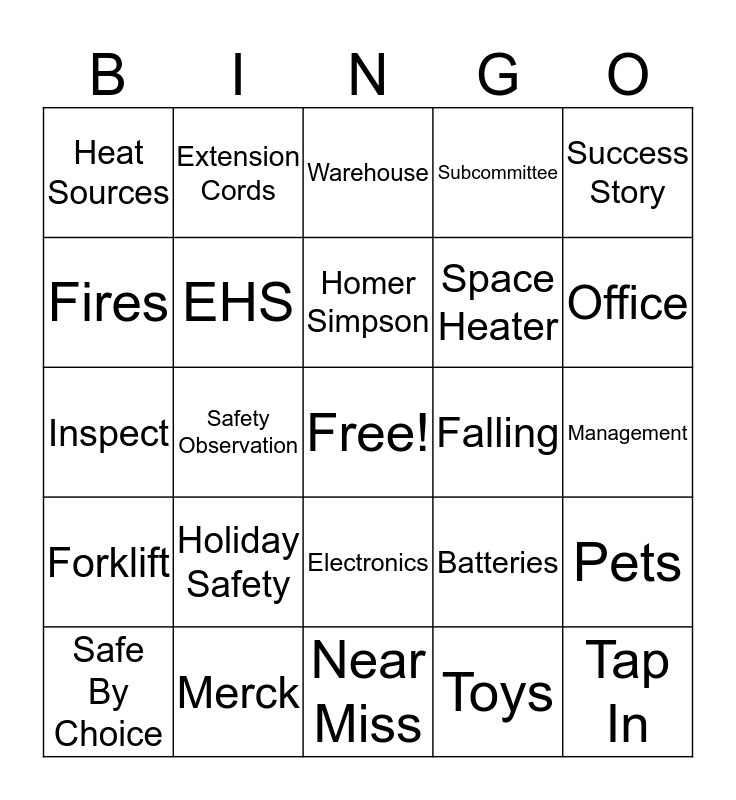 Safety Bingo Card