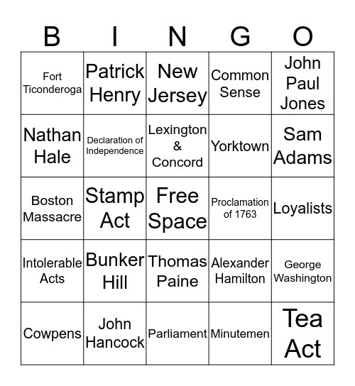 Revolutionary War ~ Valyn Survance Bingo Card